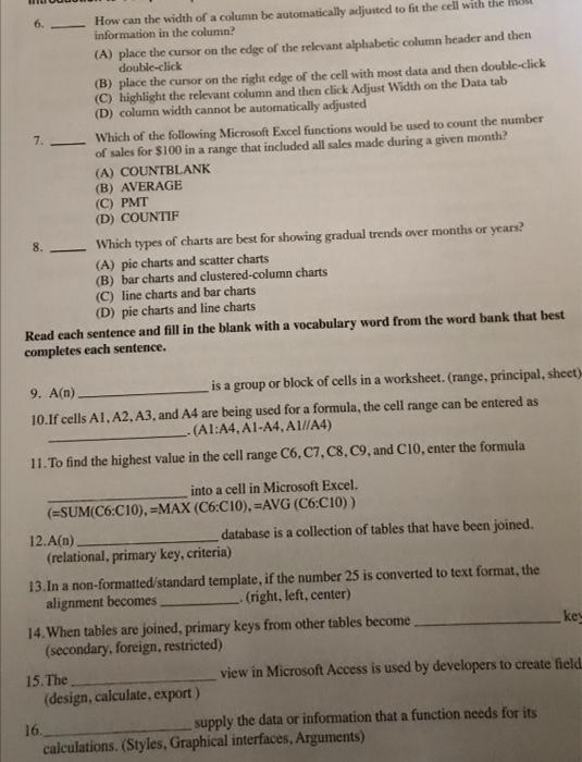 Solved 6. How can the width of a column be automatically | Chegg.com