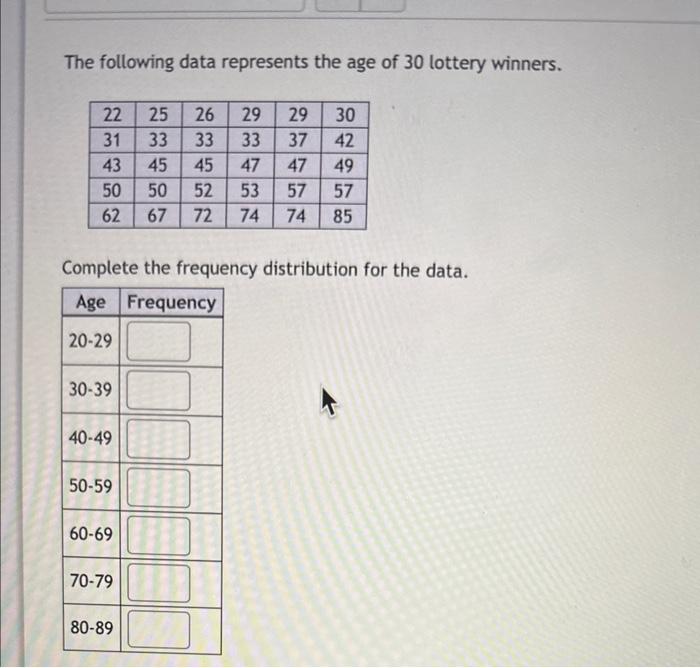 Solved The following data represents the age of 30 lottery | Chegg.com