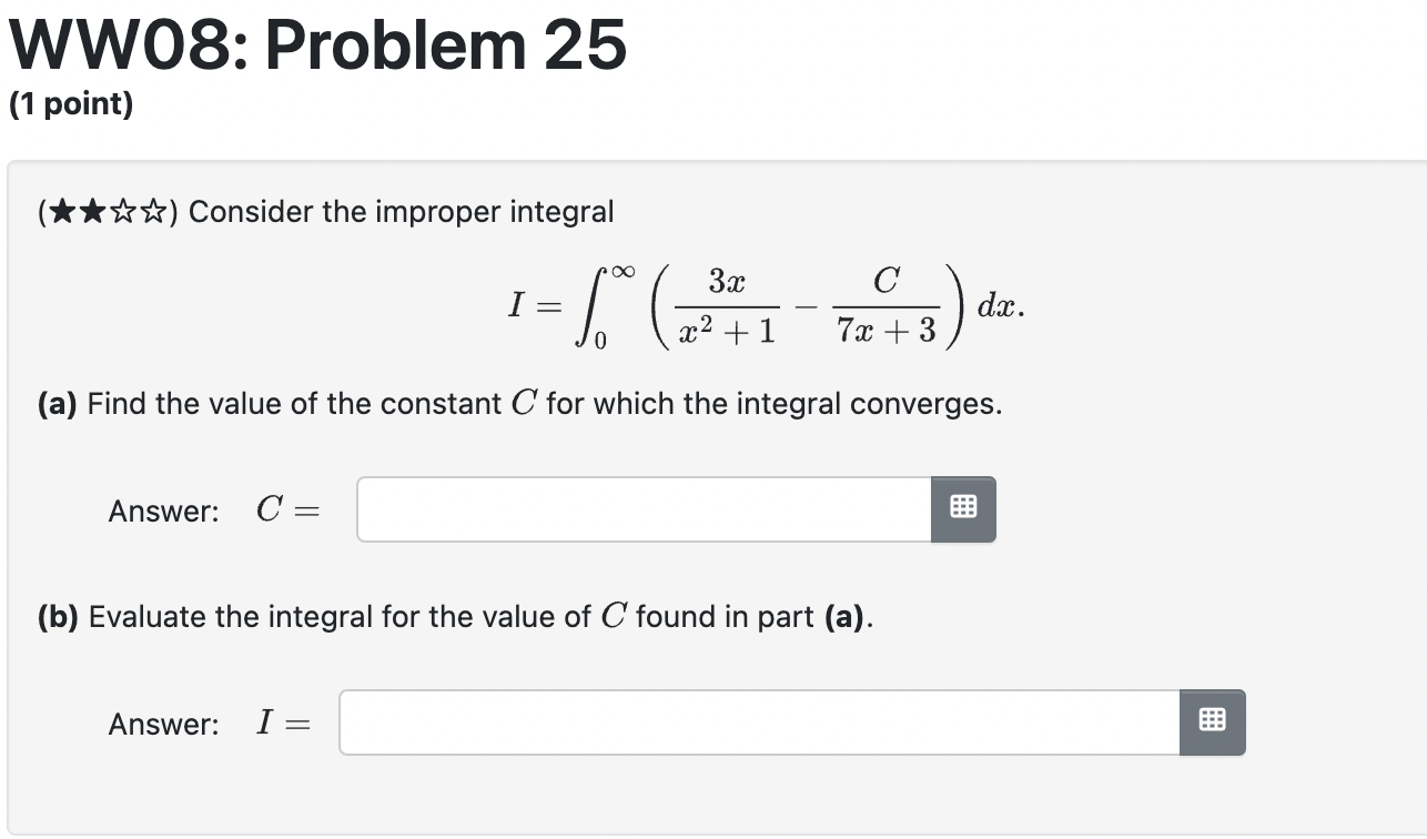 Solved (1 ﻿point)(*********ϖ) ﻿Consider the improper | Chegg.com