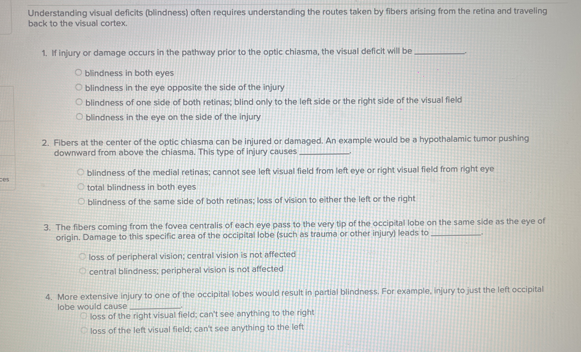 Solved Understanding visual deficits (blindness) ﻿often | Chegg.com