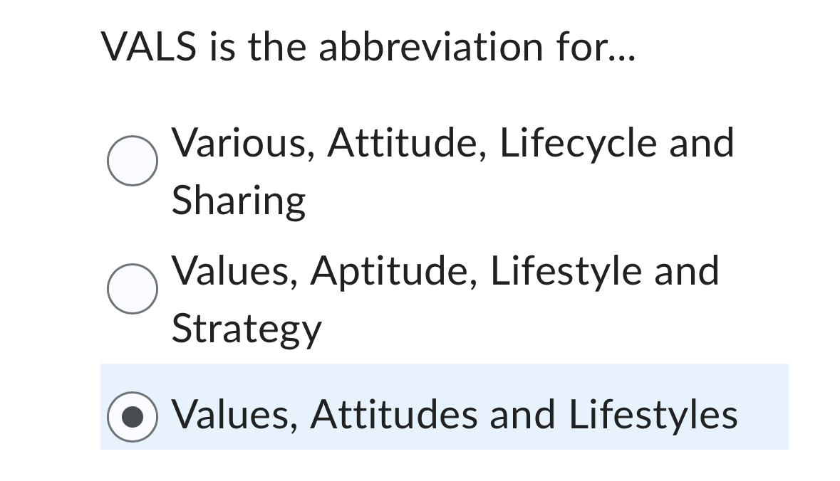 Solved VALS is the abbreviation for...Various, Attitude, | Chegg.com