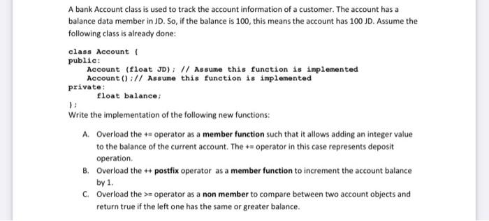 A bank Account class is used to track the account | Chegg.com