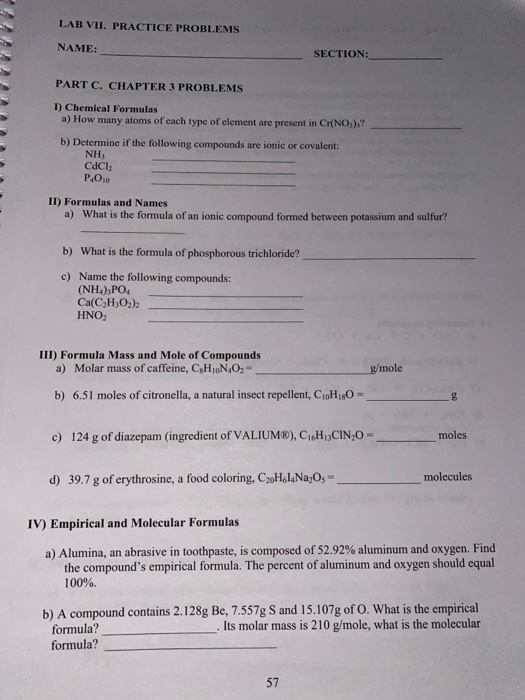 Solved LAB VII. PRACTICE PROBLEMS NAME: SECTION: PART C. | Chegg.com
