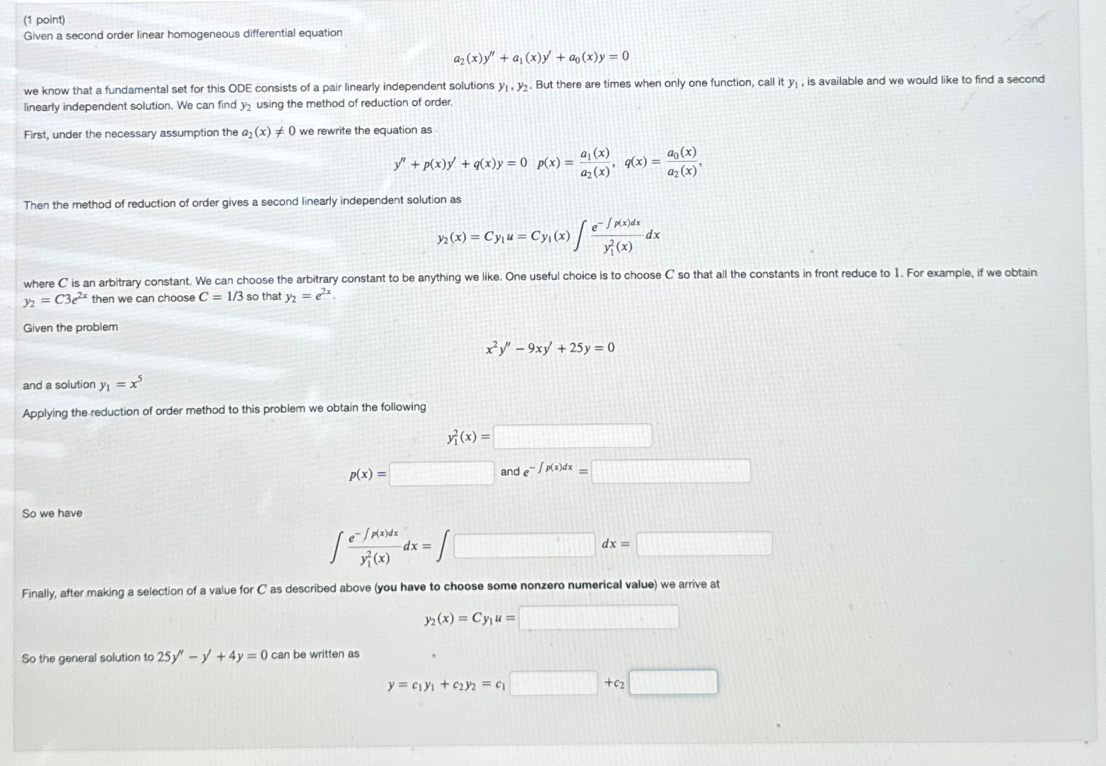 Solved (1 ﻿point)Given a second order linear homogeneous | Chegg.com