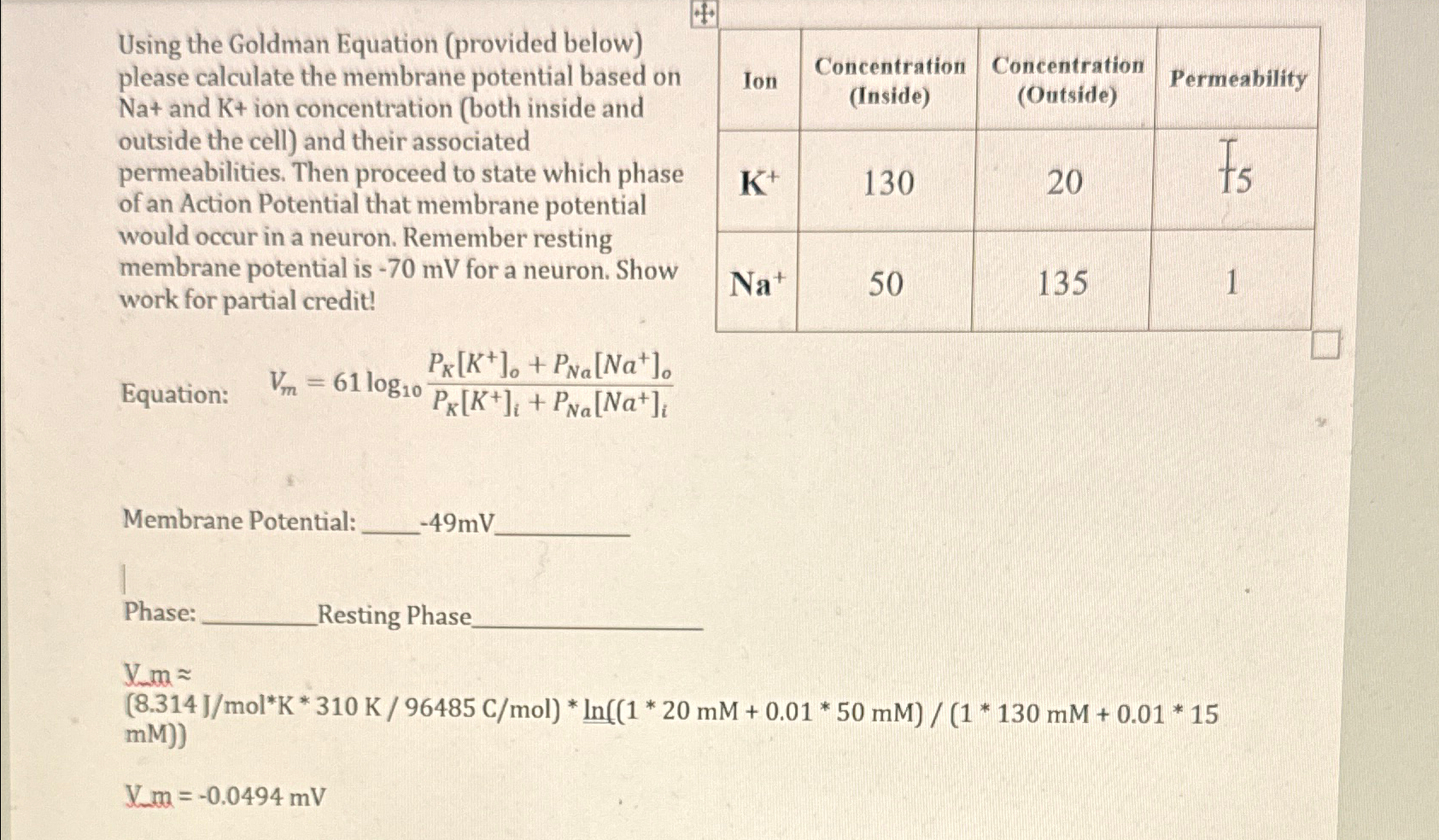 Solved Using the Goldman Equation (provided below) ﻿please | Chegg.com