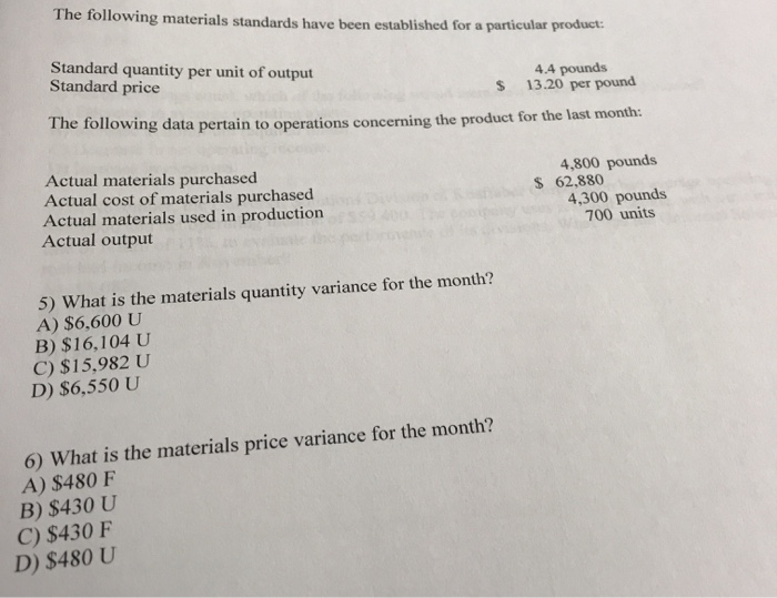 Solved The following materials standards have been | Chegg.com