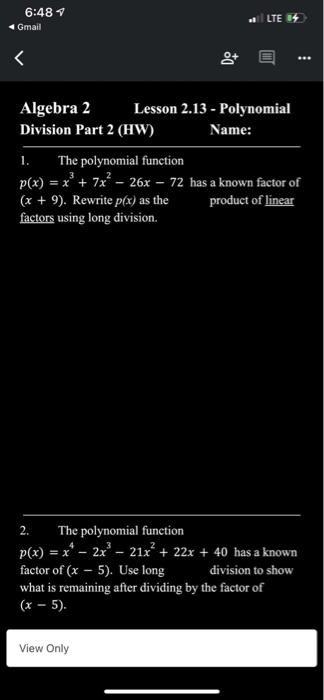 Solved 6:48 1 Gmail LTE + Algebra 2 Lesson 2.13 - Polynomial | Chegg.com