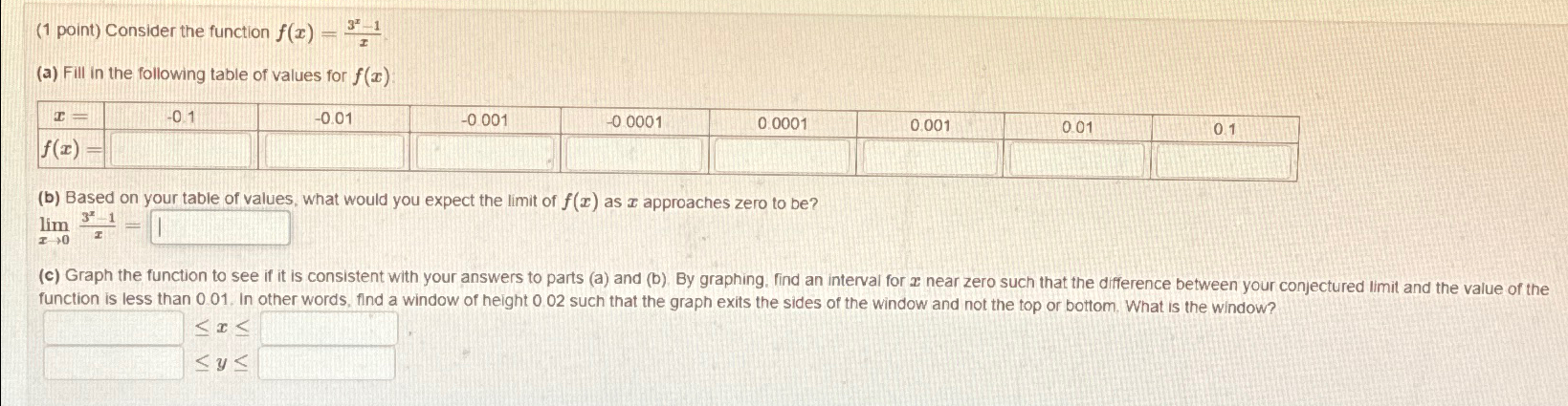 Solved (1 ﻿point) ﻿Consider the function f(x)=3x-1x(a) ﻿Fill | Chegg.com