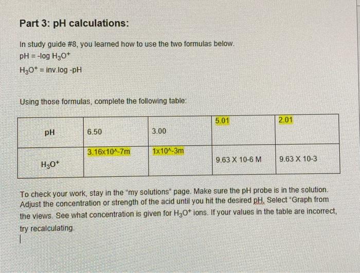 Solved Part 3: pH calculations: In study guide #8, you | Chegg.com