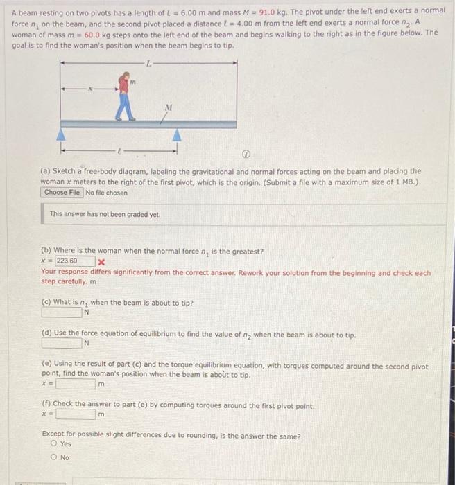 Solved A beam resting on two pivots has a length of L=6.00 m | Chegg.com