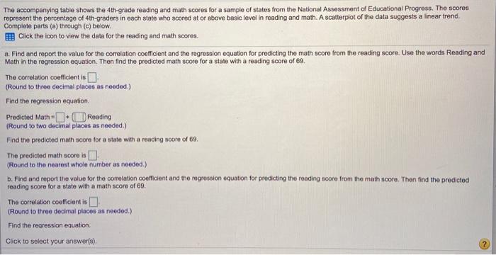 Solved The accompanying table shows the 4th-grade reading | Chegg.com