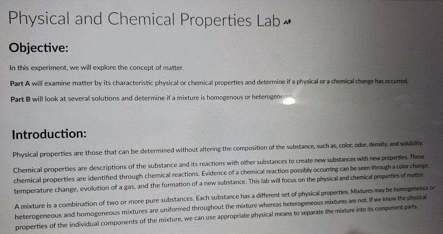 Physical and Chemical Properties Lab 4 Objective: In | Chegg.com