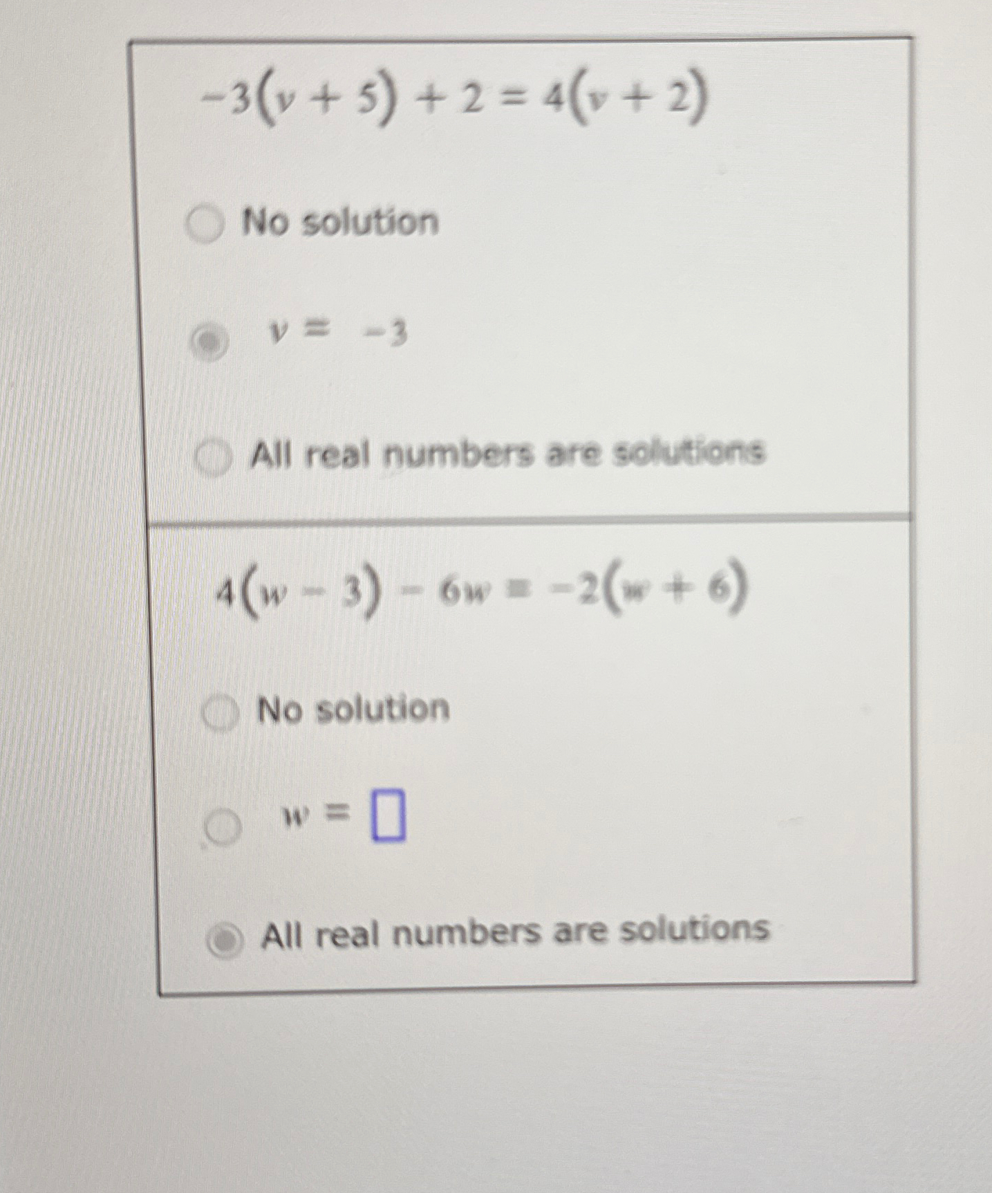 Solved -3(v+5)+2=4(v+2)No solutiony=-3All real numbers are | Chegg.com