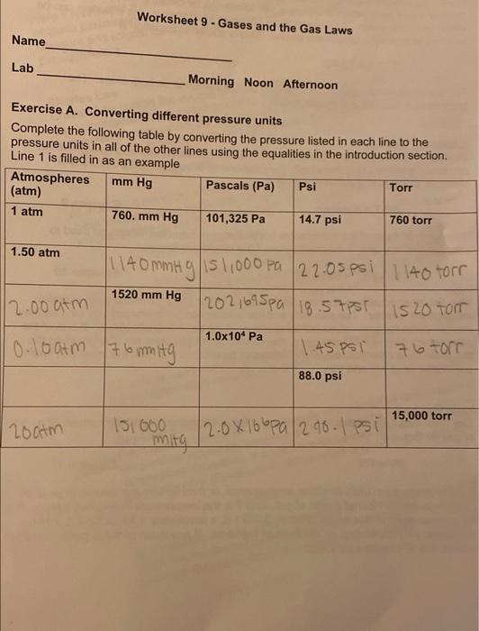 Solved Worksheet 9 - Gases and the Gas Laws Name Lab Morning | Chegg.com