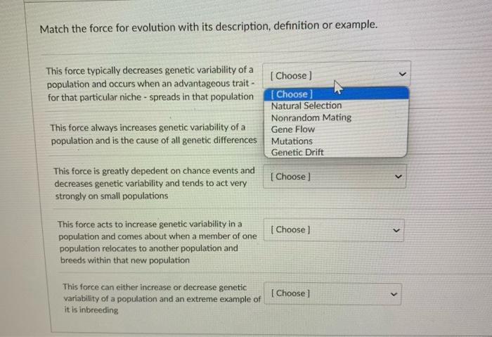 Solved Match the force for evolution with its description, | Chegg.com