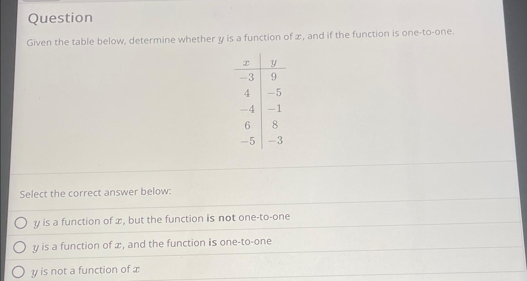 Solved QuestionGiven the table below, determine whether y | Chegg.com