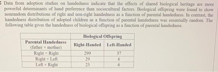 Solved Data from adoption studies on handedness indicate | Chegg.com