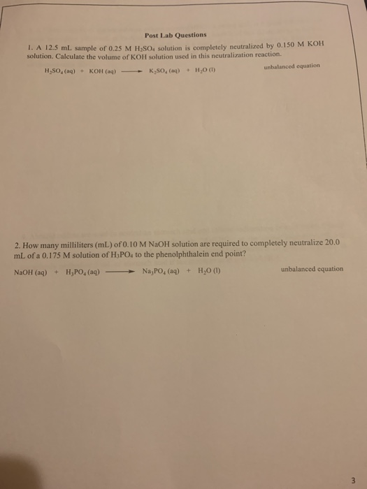 Solved Post Lab Questions 1. A 12.5 mL sample of 0.25 M | Chegg.com