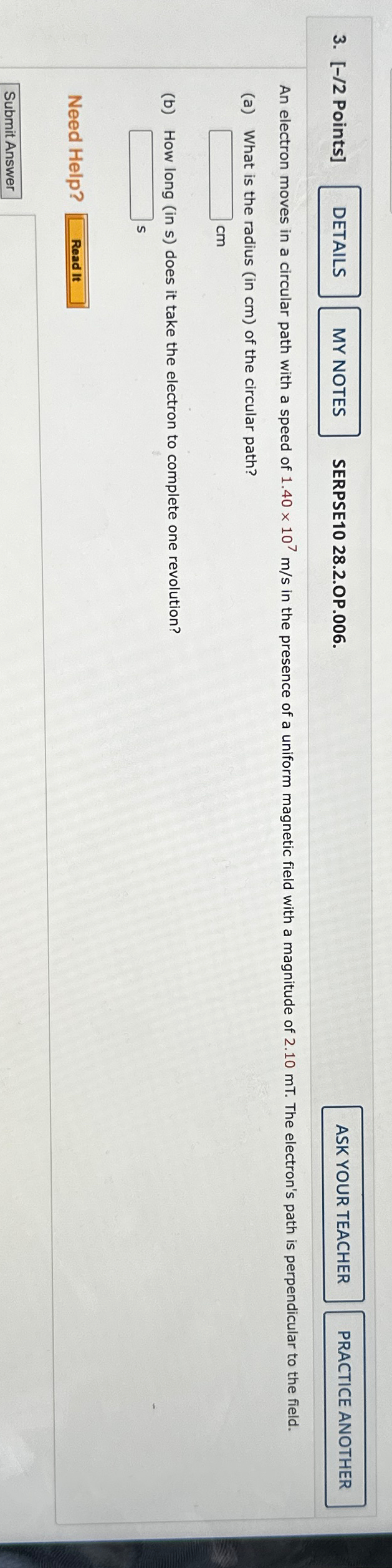 Solved Points] ﻿SERPSE10 28.2.OP.006An electron moves in | Chegg.com