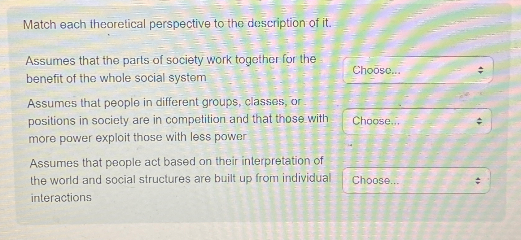 Solved Match each theoretical perspective to the description | Chegg.com