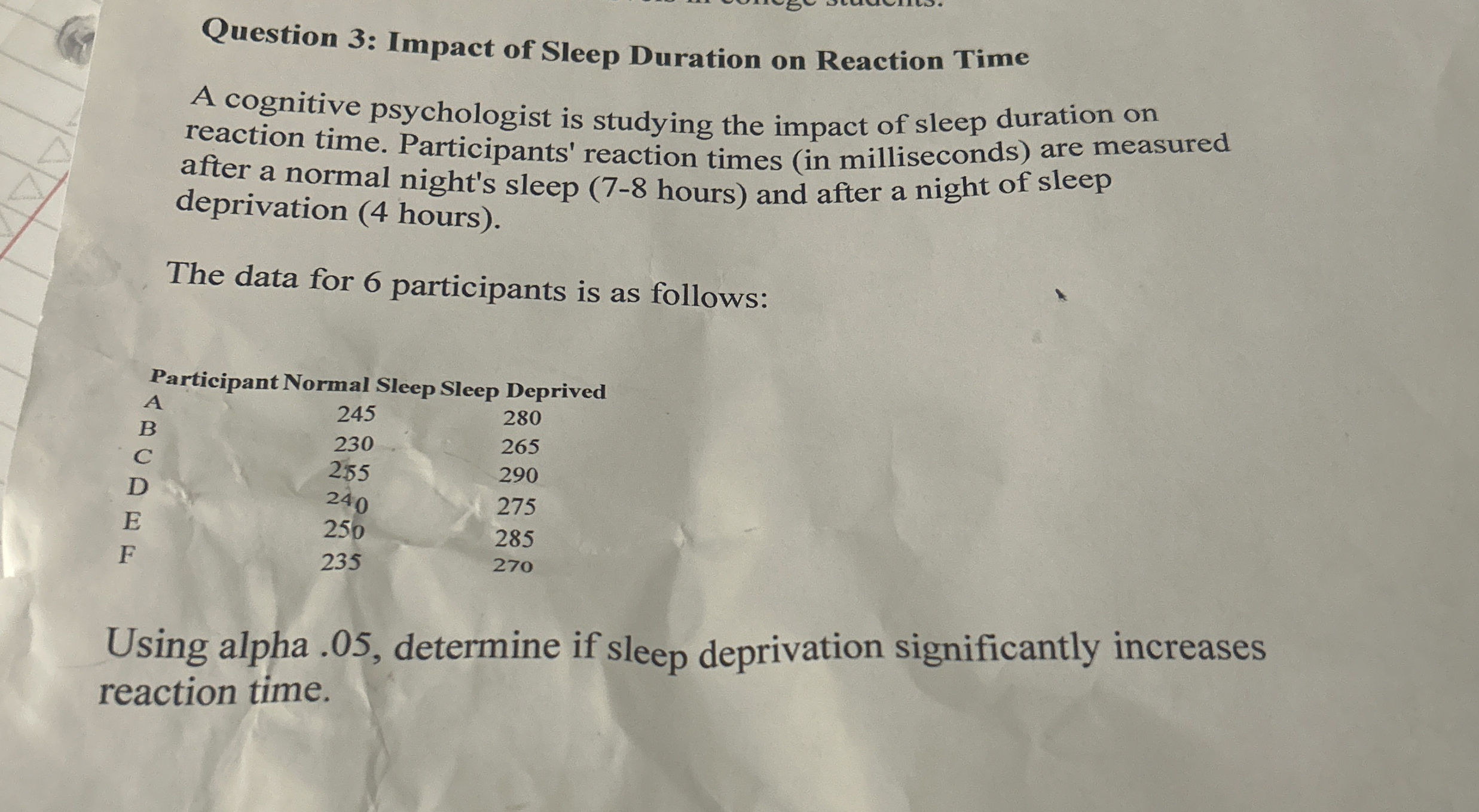 Solved Question 3: Impact of Sleep Duration on Reaction | Chegg.com