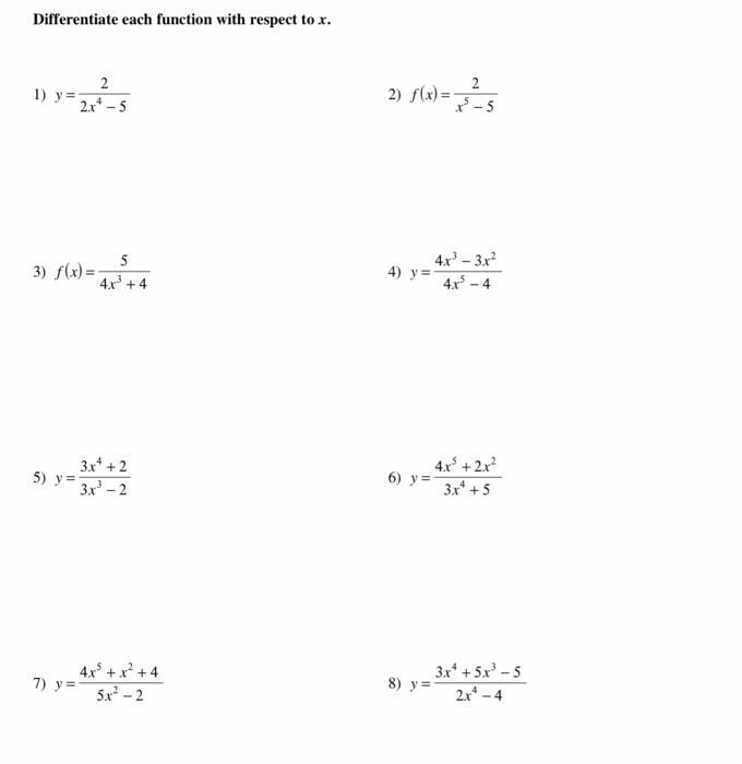 Solved Differentiate each function with respect to x. 1) | Chegg.com