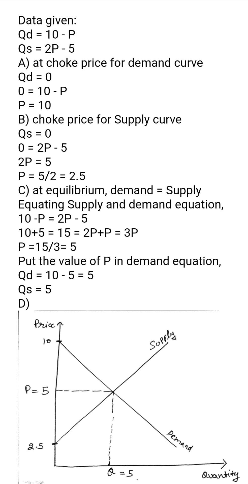 Solved = = = = - = Data given: Qd = 10-P Qs = 2P - 5 A) at | Chegg.com