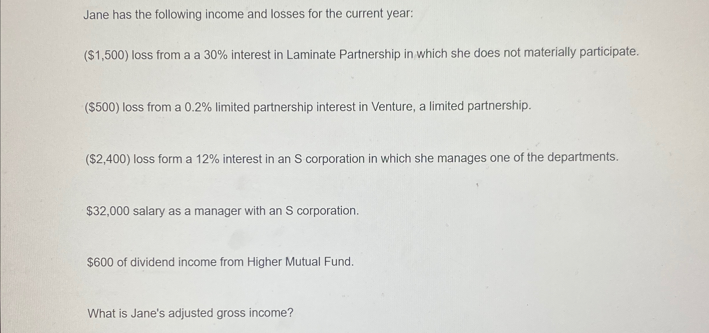 Solved Jane has the following income and losses for the | Chegg.com