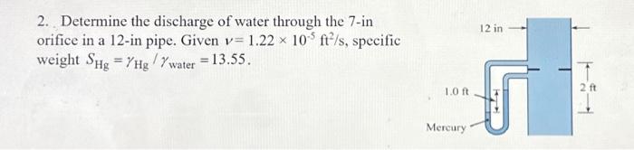 Solved 2. Determine the discharge of water through the 7 -in | Chegg.com