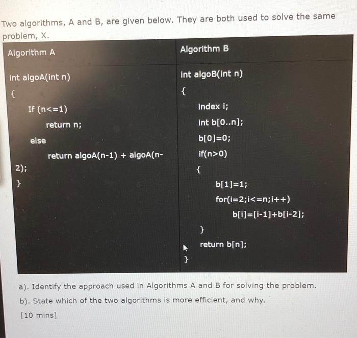 Solved Two algorithms, A and B, are given below. They are | Chegg.com