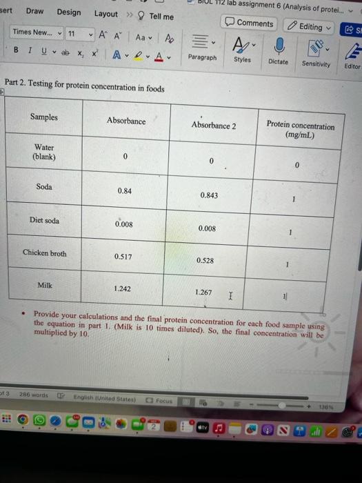Solved Part 2. Testing for protein concentration in foods - | Chegg.com