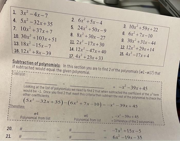 Solved Subtraction of polynomials 20. #_____ - #_____ = | Chegg.com