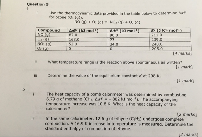 Solved а - Question 5 Use the thermodynamic data provided in | Chegg.com