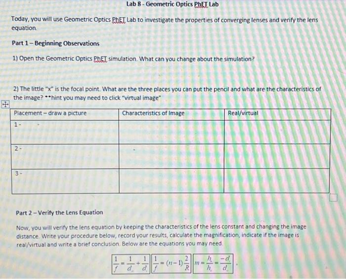 Solved Today, you will use Geometric Optics PhEI Lab to | Chegg.com