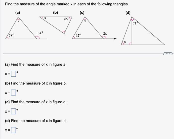 Solved Find the measure of the angle marked x in each of the | Chegg.com