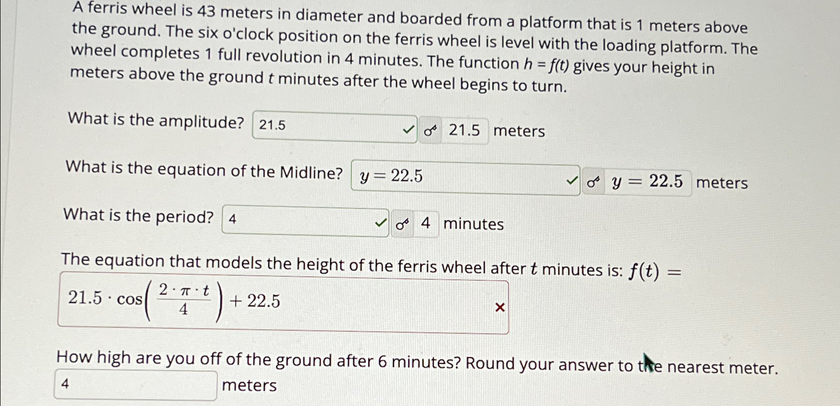 Solved A ferris wheel is 43 ﻿meters in diameter and boarded | Chegg.com