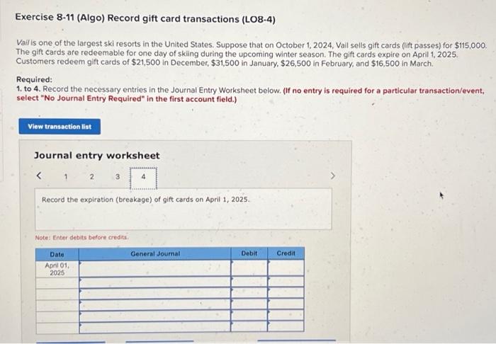 Solved Exercise 8-11 (Algo) Record gift card transactions | Chegg.com