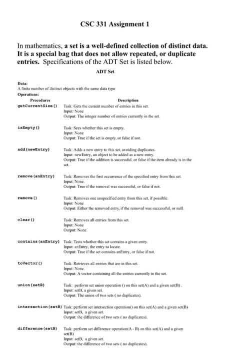 Solved CSC 331 Assignment 1 In mathematics, a set is a | Chegg.com