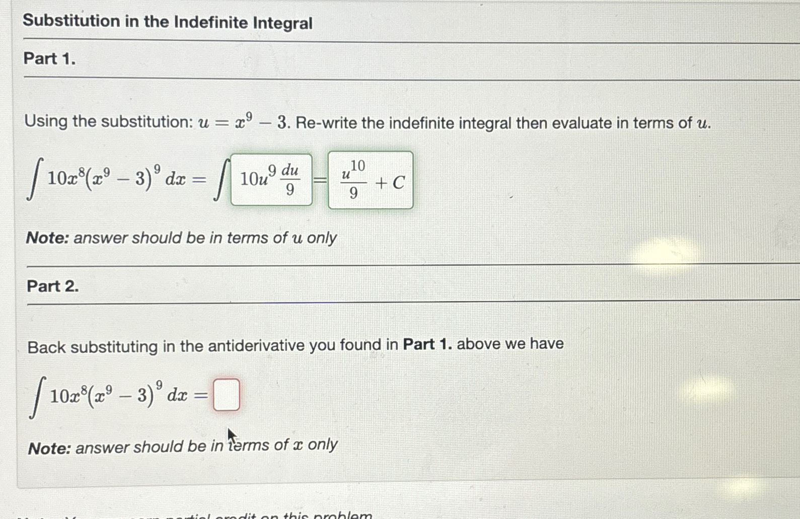 Solved Substitution in the Indefinite IntegralPart 1.Using | Chegg.com