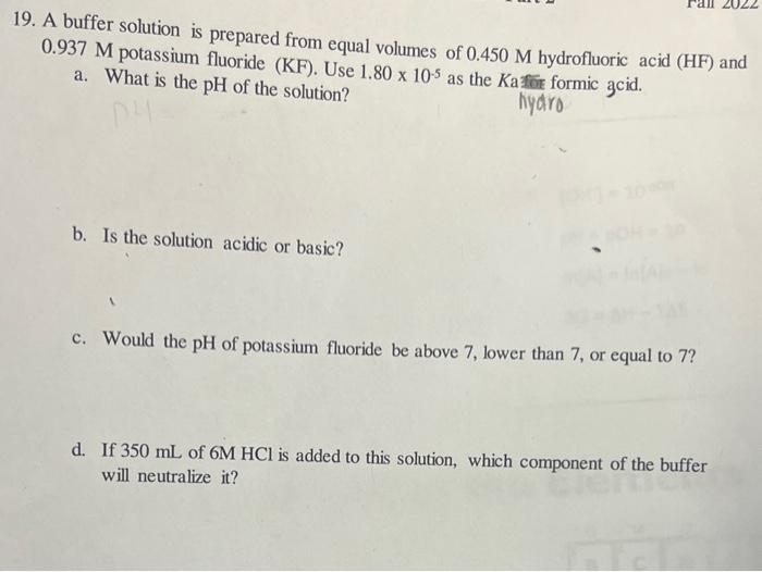 Solved 19. A buffer solution is prepared from equal volumes | Chegg.com