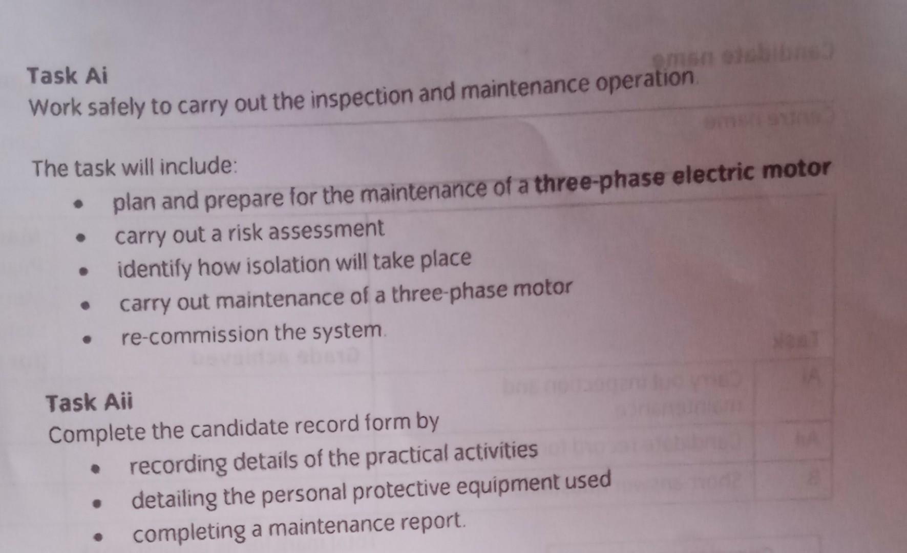 Solved Task Ai Work safely to carry out the inspection and | Chegg.com