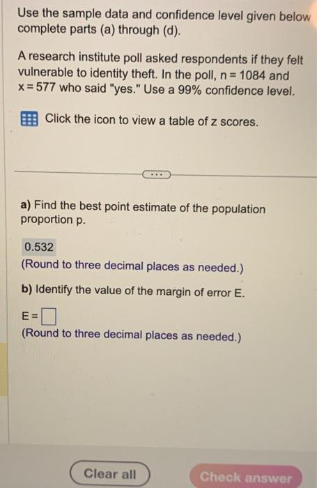 Solved Use the sample data and confidence level given below | Chegg.com