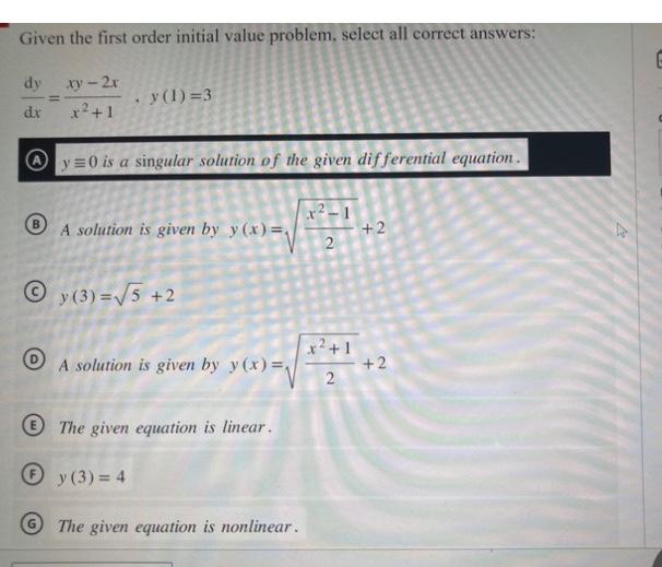 Solved Given the first order initial value problem, select | Chegg.com