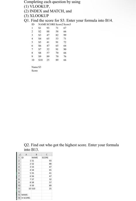 Solved Completing each question by using (1) VLOOKUP, (2) | Chegg.com