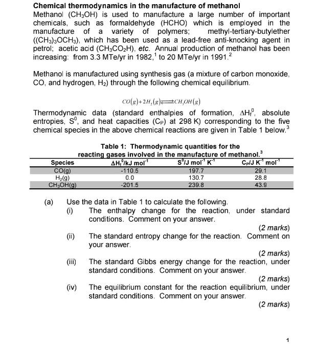 Solved Chemical thermodynamics in the manufacture of | Chegg.com