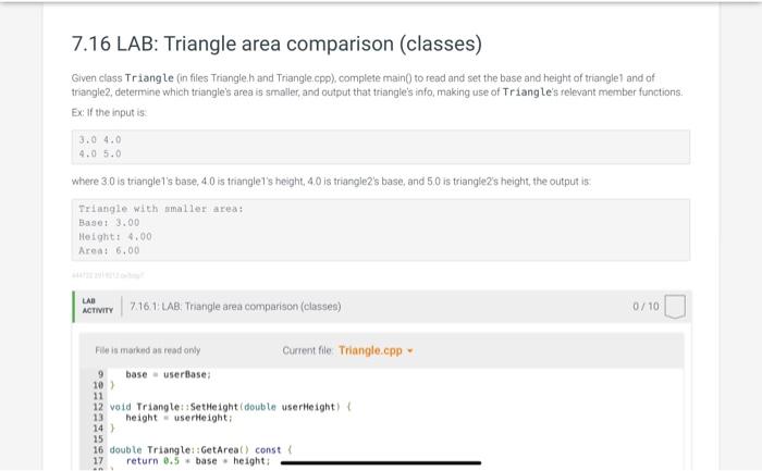 Solved 716 Lab Triangle Area Comparison Classes Given 9276