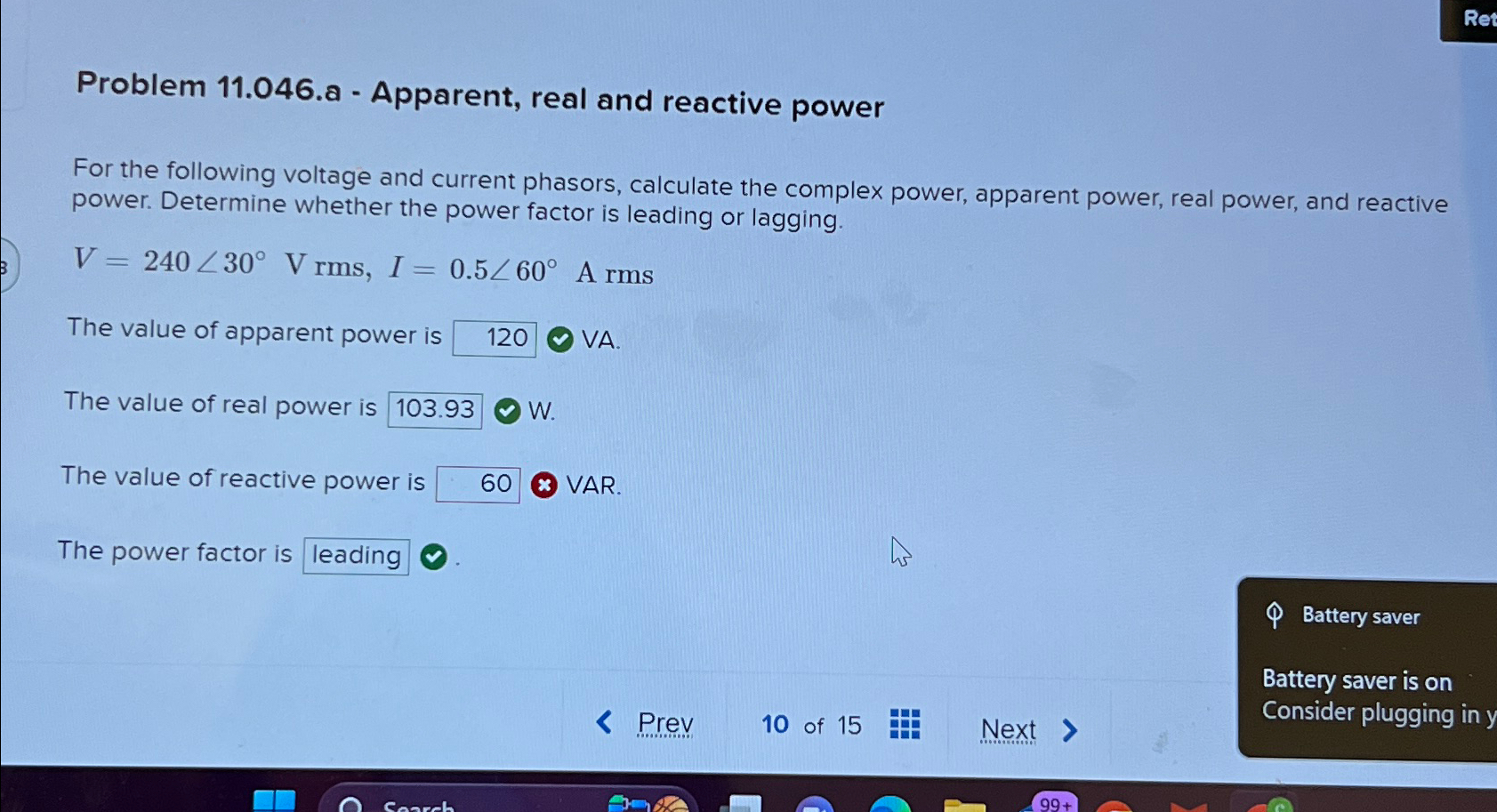Solved Problem 11.046.a - ﻿Apparent, real and reactive | Chegg.com
