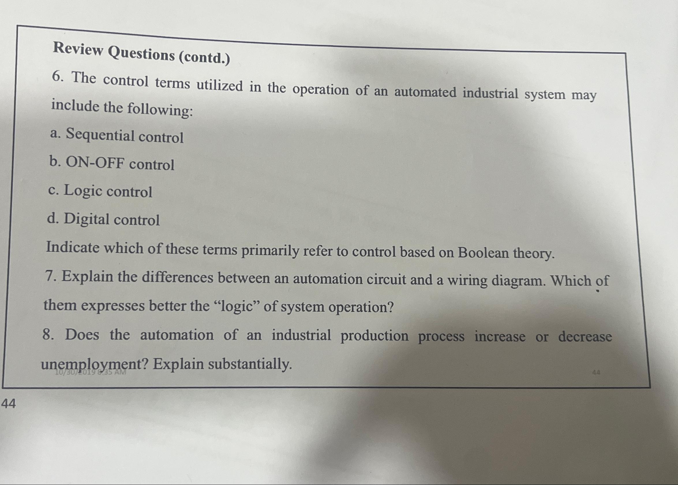 Solved Review Questions (contd.)6. ﻿The control terms | Chegg.com