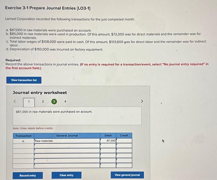 Solved Exercise 3-1 Prepare Journal Entries [LO3-1] Larned | Chegg.com