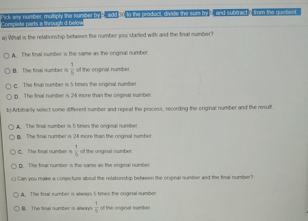 Solved Pick any number, multiply the number by 5, add 30 to | Chegg.com